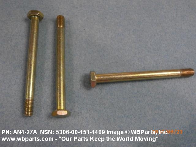 5306-00-151-1409 - MACHINE BOLT, AN427A, AN4-27A, 6026715641 | WBParts