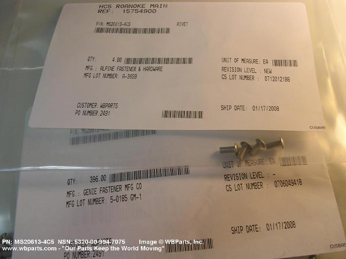5320-00-994-7075 - SOLID RIVET, MS206134C5, MS20613-4C5, 00-994-7075 ...